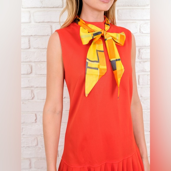 Dresses | Vintage 6s Red Mod Dress Pleated Drop Waist Yellow Bow Ascot ...